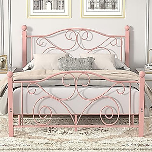 VECELO Queen Size Bed Frame with Headboard and Footboard, Heavy Duty Metal Slat Support, Platform Mattress Foundation, No Box Spring Needed, Easy Assembly, Pink