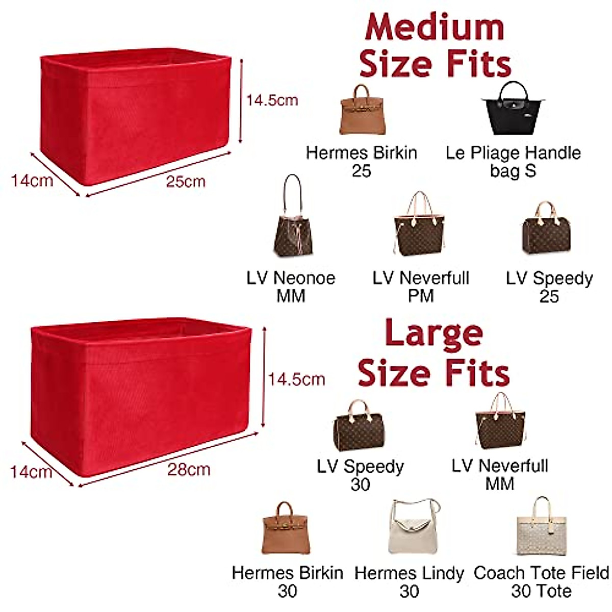 MTRSUE Original Velvet Purse Organizer Shaper Insert for Handbag, Women Tote Bag Organizer With Metal Zipper for Neverfull Speedy and More (Red, Medium)