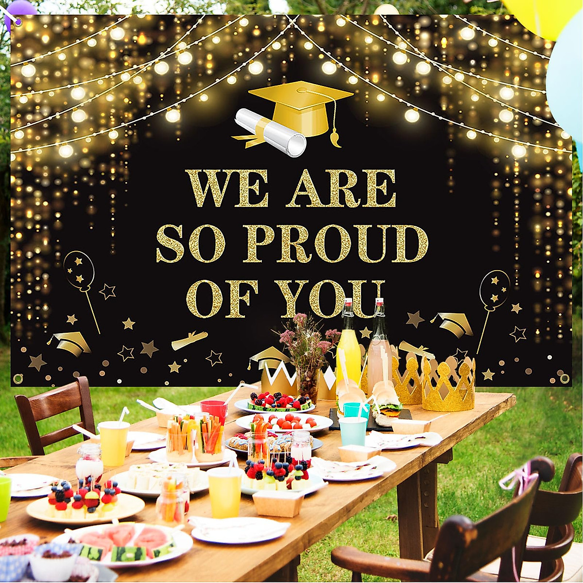 Avezano Graduation Party Backdrop Blak and Gold Graduation Party Decorations Proud of You Congrats Grad 2023 Photoshoot Background Banner Supplies (7x5ft)