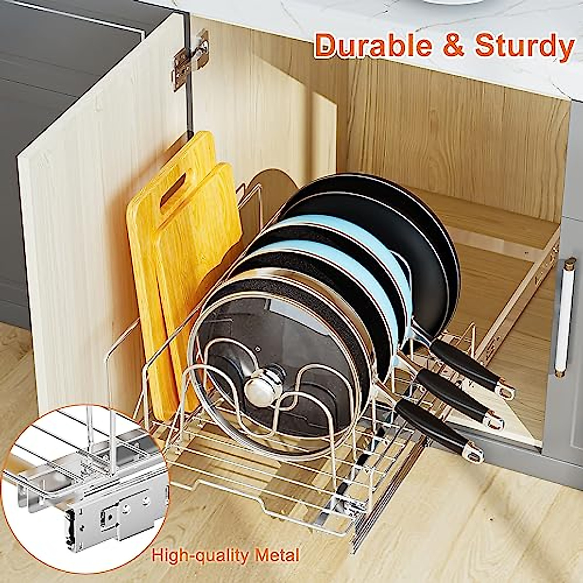 FANHAO Slide Out Cutting Board, Bakeware, and Tray Organizer, Wire Pull Out Kitchen Cabinet Organizer for Pots, Pans, and Lid Cookware, 13.5 inch wide x 17.7 inch deep – Chrome