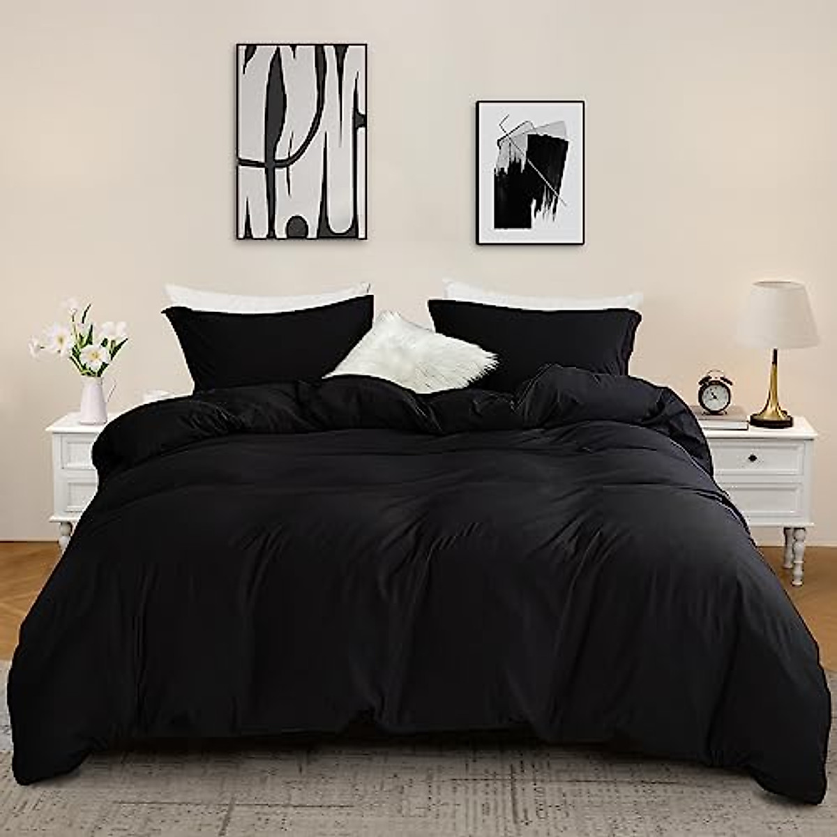 mafudoxi Duvet Cover Queen, 3 Piece Queen Size Duvet Cover, Soft and Breathable Queen Duvet Cover with Zipper Closure & Corner Ties,1 Duvet Cover 90"x90" & 2 Pillow Cases, Black