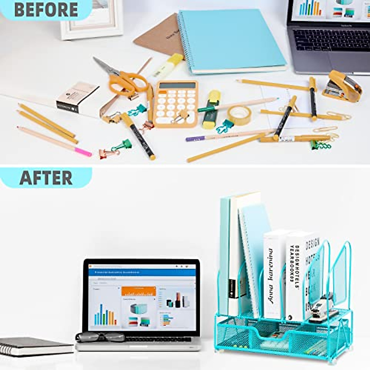 Beiz Blue Desk Organizer and Accessories Storage with 5 Vertical File Folder Holders, Paper Tray, Drawer for Women Office, Home, Dorm, Workspace to Collect Office Supplies