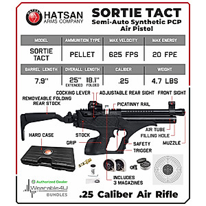Hatsan Sortie Tact Semi-Auto PCP Synthetic .25 Cal Air Pistol with Wearable4U 100x Paper Targets and 150x .25cal Pellets Bundle