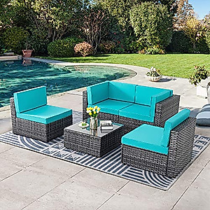 SUNLEI 5pcs Patio Outdoor Furniture Sets Conversation Set,Low Back All-Weather Rattan Sectional Sofa with Tea Table&Washable Couch Cushions(Silver Rattan)(Blue)