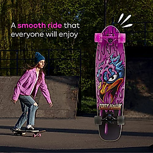 Tony Hawk 31" Complete Cruiser Skateboard, 9-ply Maple Deck Skateboard for Cruising, Carving, Tricks and Downhill, Pink Hawk