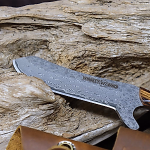 WHISKEY BENT HAT CO. Bullcutter 3 Fixed Blade Knife Damascus Steel, w/Leather Sheath, 3.5" Blade, 7" Overall Length (Spring Branch)