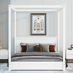 LCH Queen Size Wooden Platform Bed Frame with Headboard and Support Legs for Bedroom, White