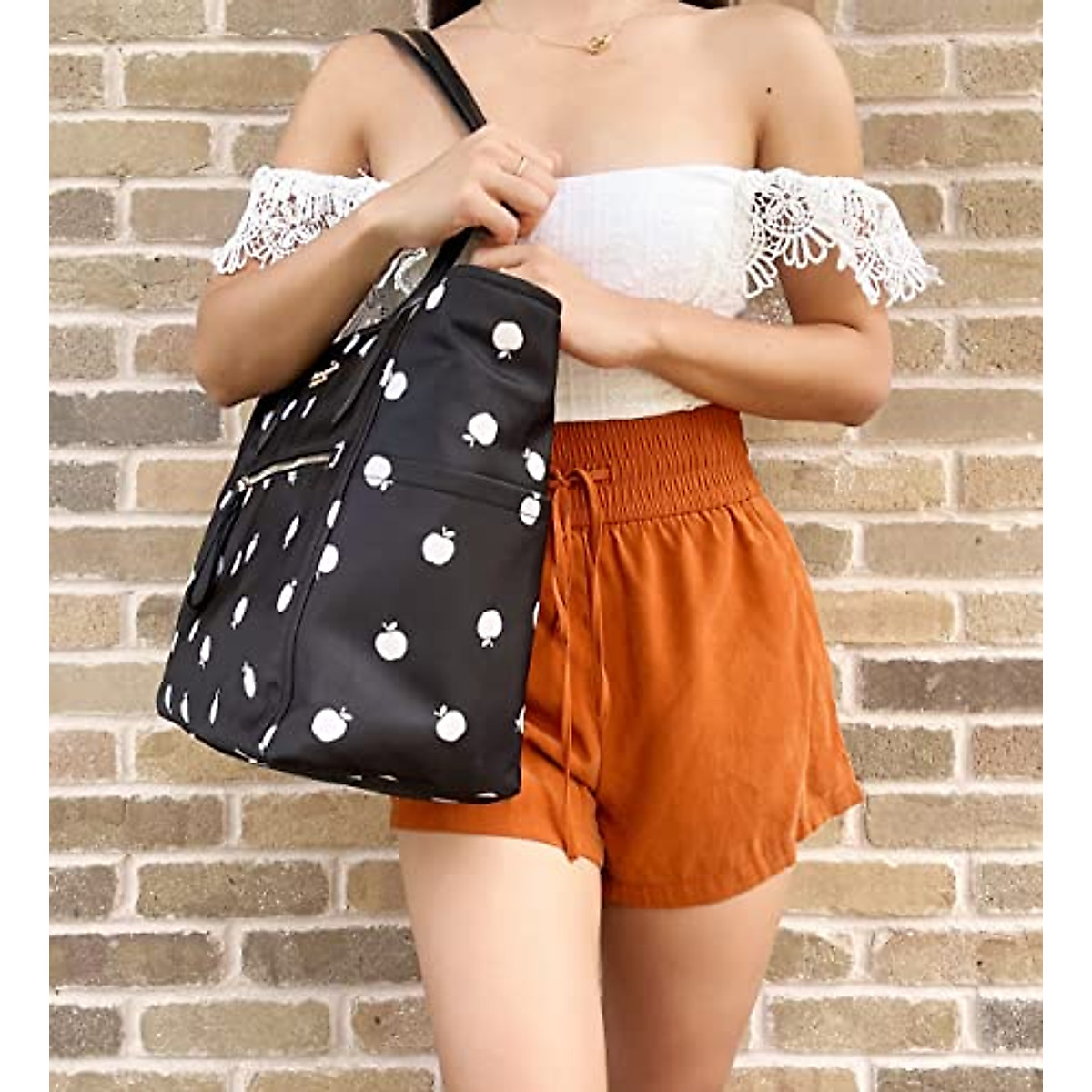 Kate Spade Chelsea Little Better Nylon Large Top Zip Tote Bag Black Apple Print