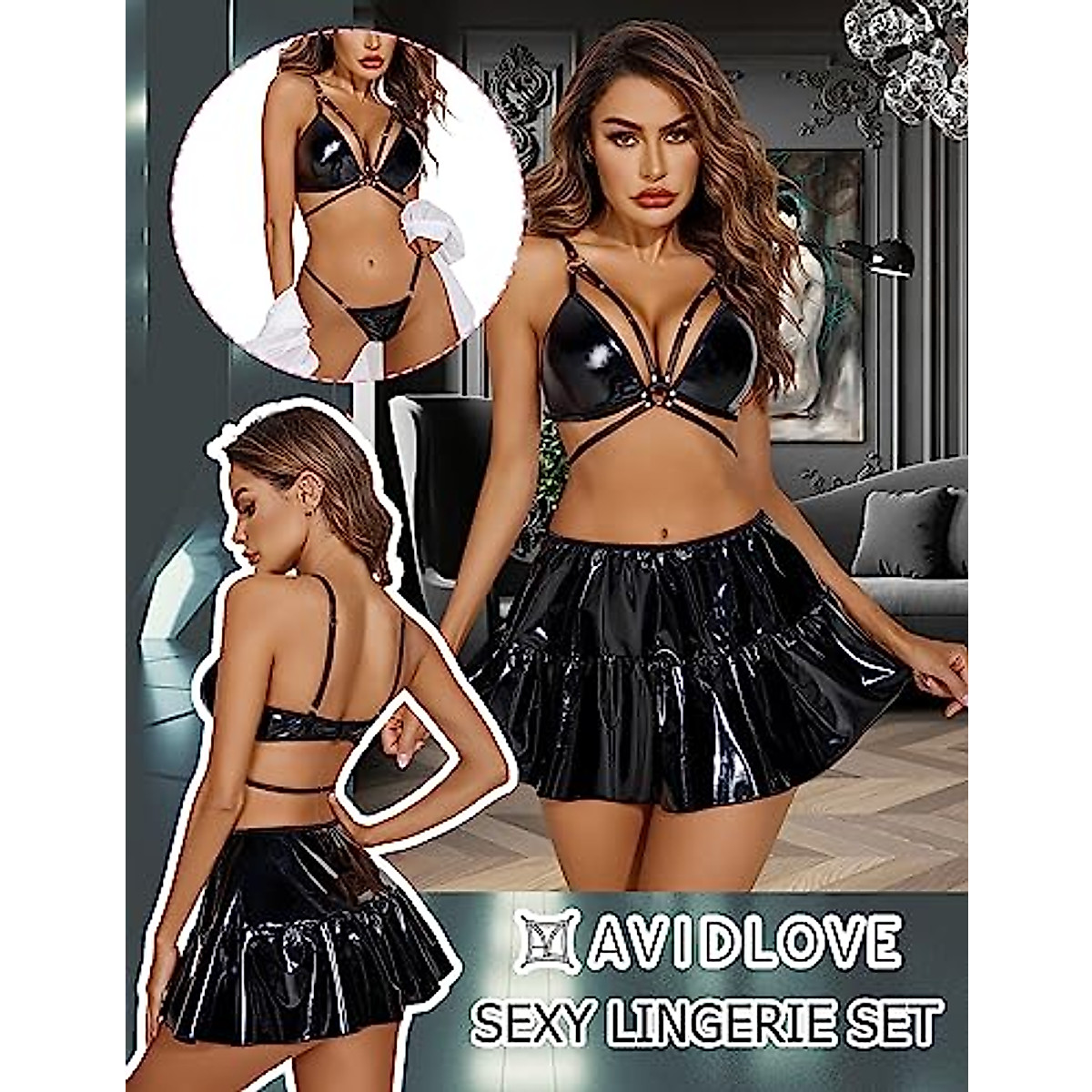 Avidlove Cosplay Lingerie for Women 3 pack Leather Lingerie Set Latex Role Playing Costume Outfits Black