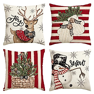 AVOIN colorlife Christmas Snowman Reindeer Gloves Eucalyptus Red Throw Pillow Covers, 18 x 18 Inch Winter Holiday Stripes Cushion Case Decoration for Sofa Couch Set of 4