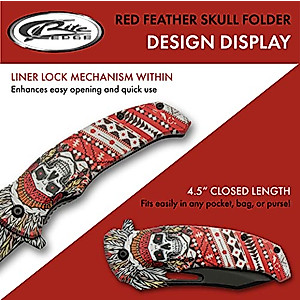 SZCO Supplies 8.5” Red Feather Skull Liner Lock EDC Folding Knife With Pocket Clip