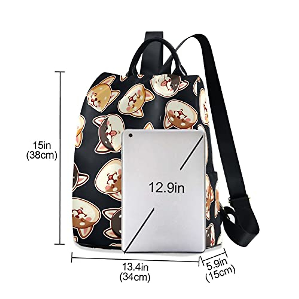 Cute Shiba Inu Print Casual Backpack for Women, Fashion Anti Theft School Travel Backpack Purse 15 inch Full print Aesthetic with Fuzz Ball Key Chain