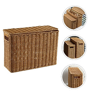 BUTIFULSIC Rattan Magazine Basket with Lid Thin Wicker Storage Decorative Sundries Organizer Handle Book Newspaper Rack