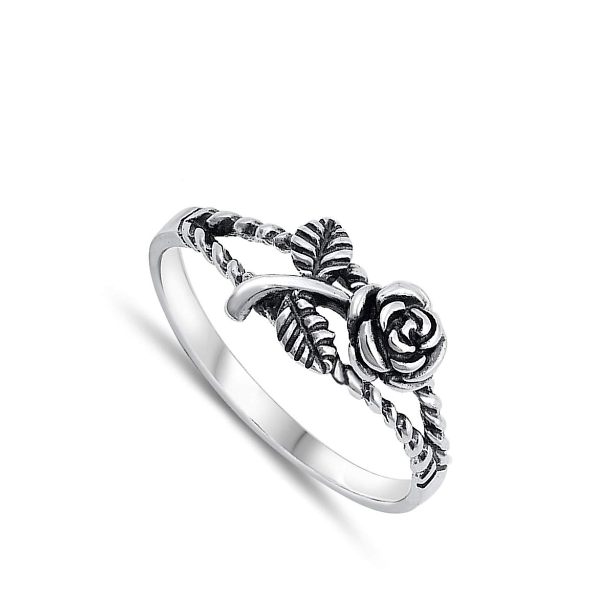 Oxidized Rose Flower Twisted Rope Ring New .925 Sterling Silver Band Size 7