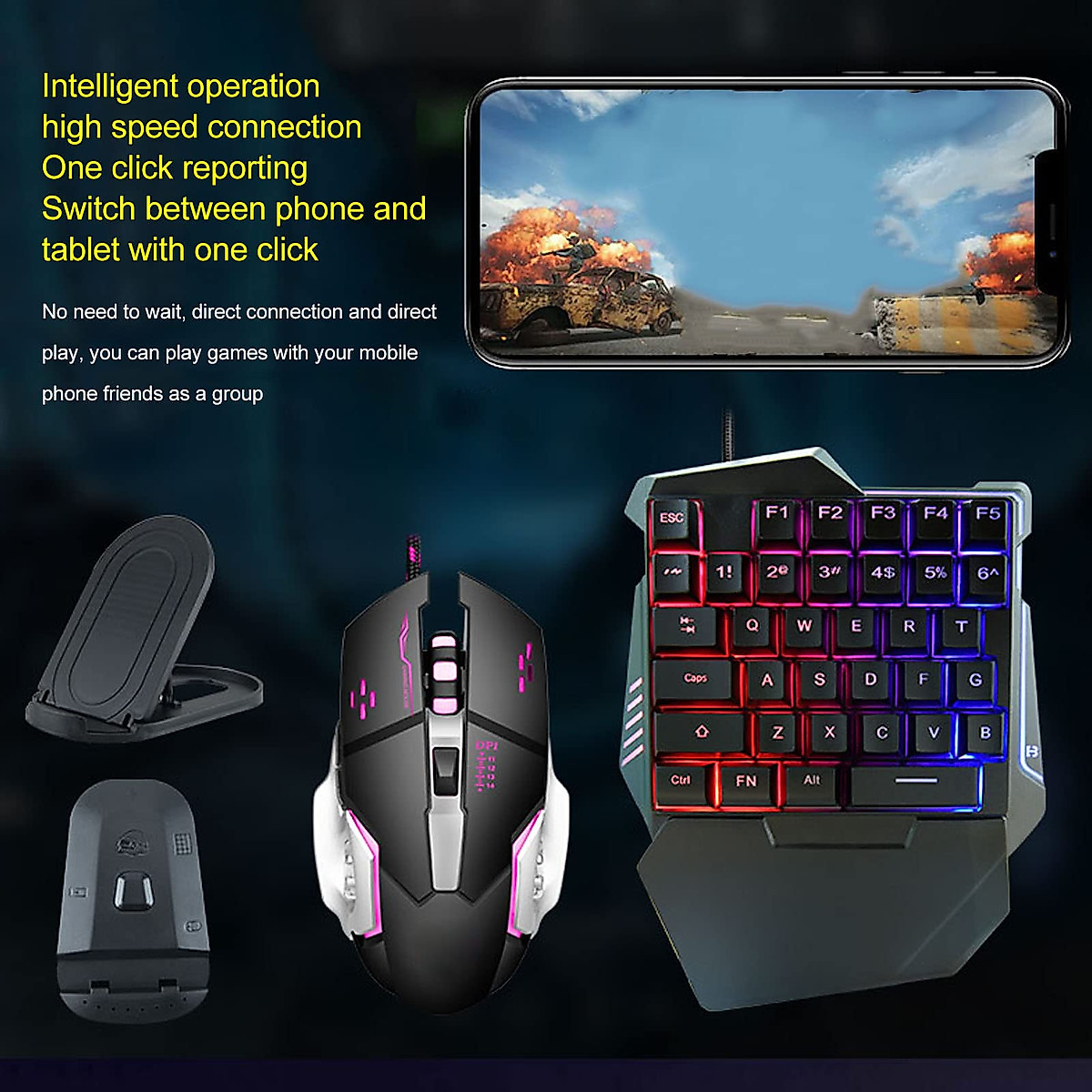 Dilwe One Hand RGB Gaming Keyboard and Backlit Mouse Combo, USB Wired 35 Keys Keyboard 6 Keys Gaming Mouse Converter Set with Bracket for PC Gamer