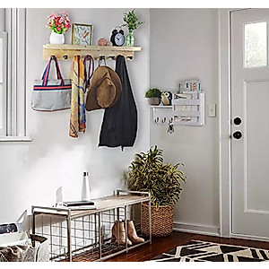 Spiretro Coat Rack with Shelf, Wall Floating Shelves with Peg Hooks, Organize, Storage, Decorative for Entryway, Mudroom, Kitchen, Bathroom, Set of 2, Rustic Pine Wood Natural Beige