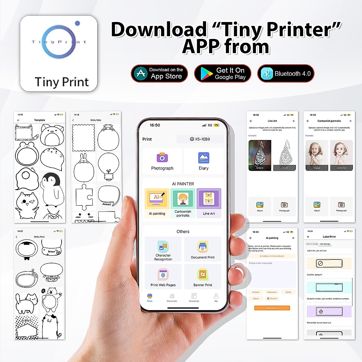 HuiJuKeJi Mini Inkless Printer for iOS&Android with Hard Protection Portable Storage Case,Bluetooth Thermal Pocket Printer with 11 Rolls of Thermal Paper＆Sticker to Print Photo Receipt