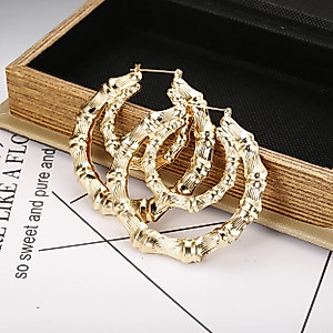 Hanpabum 3 Pairs Bamboo Earrings Large Hoop Earrings Set Gold Tone Round Statement Hip-Hop Earrings For Women (A)