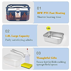 AosFero Electric Lunch Box Food Heater,80W 1.8L Large Portable Heated Lunch Boxes for Adults,12v/24v/110v Suitable for Car Truck & Office(Blue,Upgraded)