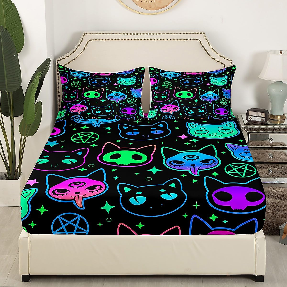 Erosebridal Halloween Theme Sheet Set Cute Neon Cat Full Sheets for Girls Boys Gradient Cat Skeleton Bed Sheets Psychedelic Galaxy Stars Fitted Sheet Kawaii Kitten Home Decor,Black