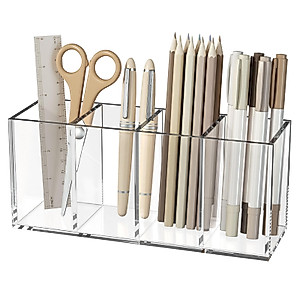 NIUBEE Acrylic Pen Holder 4 Compartments, Clear Pencil Organizer Cup for Countertop Desk Accessory Storage