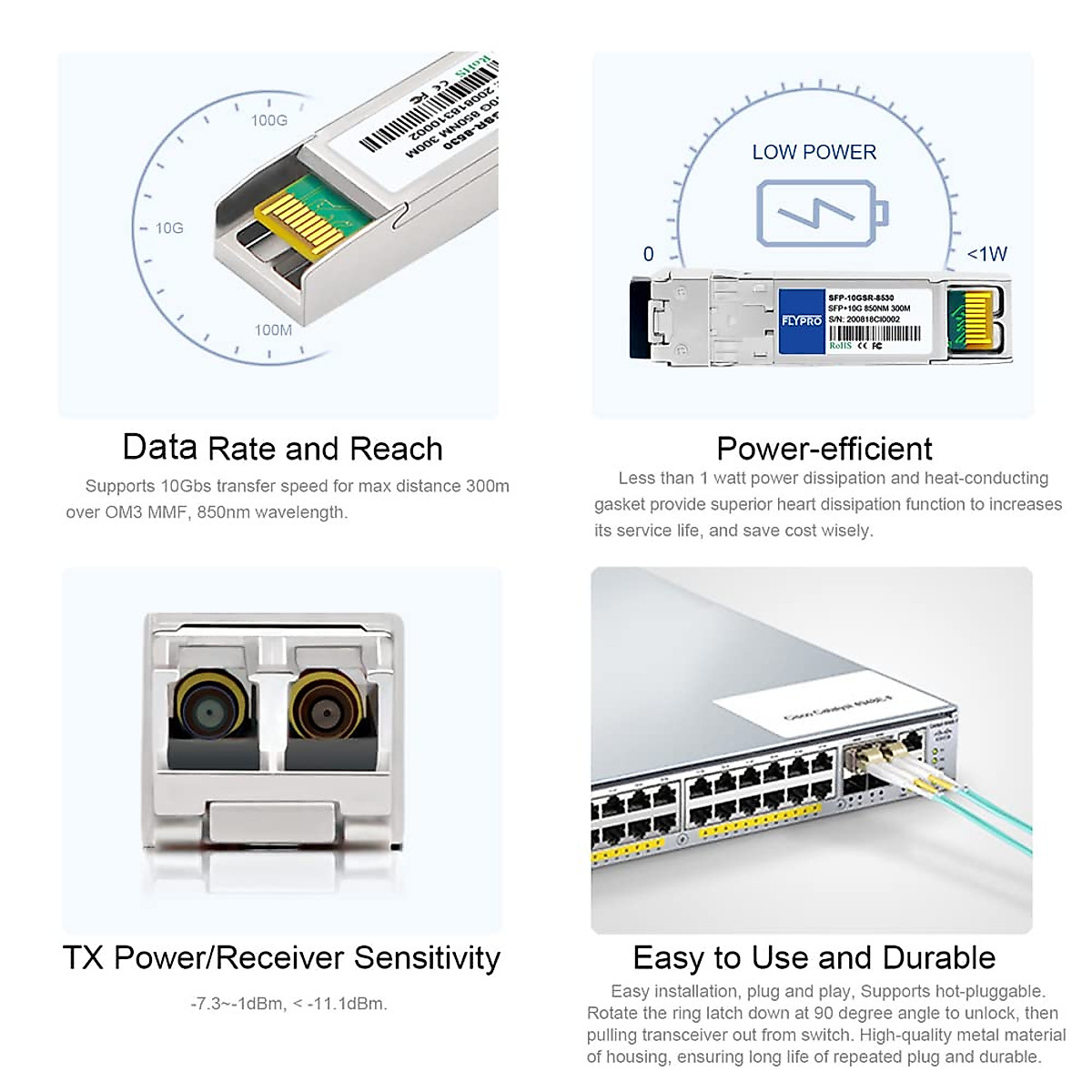 FLYPROFiber- 10GBase-SR SFP+ Transceiver, 10G MMF 850nm 300m LC Fiber Optics Multimode Module for Cisco, Ubiquiti UF-MM-10G, Meraki MA-SFP-10GB-SR, Mikrotik, Netgear, D-Link, TP-Link, Supermicro (DOM)