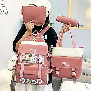 Kawaii Backpack Casual Bags Cute Aesthetic Backpacks with badge and pendant, shoulder bag, pencil case, handbag (Pink)