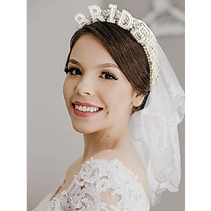 SWEETV Bride Headband with veil Bride to Be Headband Bachelorette Party Decorations Handmade Rhinestone Wedding Headband for Bridal Pearl Hair Accessories for Women Girls