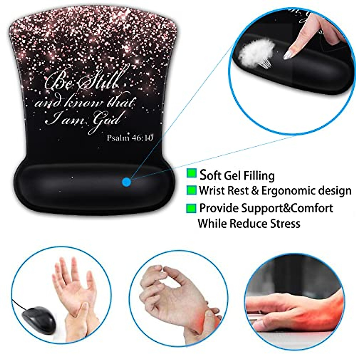 Keyboard Wrist Rest and Mouse Pad with Wrist Support, Ergonomic Gel Mouse Pad and Coaster, for Easy Typing Pain Relief, Memory Foam Keyboard Wrist Rest,Psalm 46-10 Rose Gold Glitter Black Mousepads