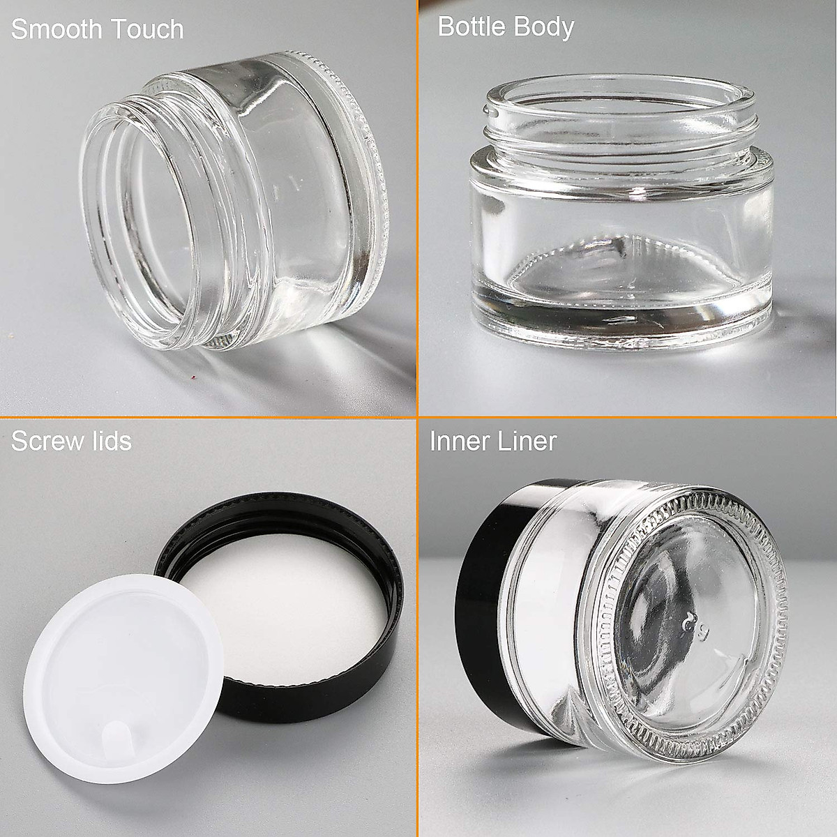 Encheng 30 Pack of 2 oz Clear Round Glass Jars,with Inner Liners and black Lids,Empty Cosmetic Containers,Cream jars