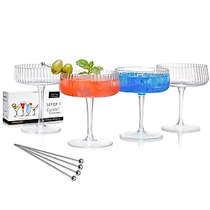 ROXBURGH Martini Glasses | Vintage Art Deco Crystal Champagne Coupe Glasses Set of 4 with 4 Cocktail Picks | 9 oz Ribbed Classic Cocktail Glassware for Champagne, Wine and Manhattan