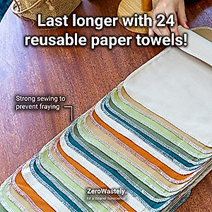 Reusable Paper Towels - Value Pack of 24 Paperless Paper Towels! - 100% Cotton, Super Soft, Absorbent, Washable and Made To Last - Cut Back and Waste Less with our Cloth Paper Towels! By ZeroWastely