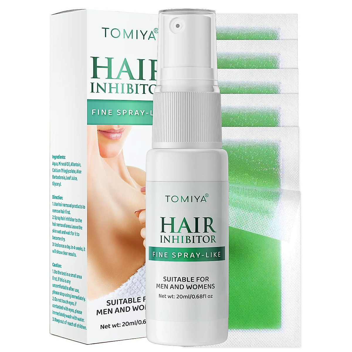 Tomiya Hair Inhibitor - Hair Stop Growth Spray - With 5 Wax Strips - Natural Ingredient to Inhibit and Reduce to Stop Hair Growth - Safe for Face, Arm, Leg, Armpit Use - Smooth Your Skin - 20 ML