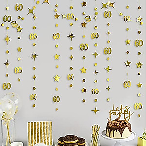 Gold 60th Birthday Decorations Number 60 Circle Dot Twinkle Star Garland Metallic Hanging Streamer Bunting Banner Backdrop for 60 Year Old Happy Birthday 60th Anniversary Sixty Party Supplies