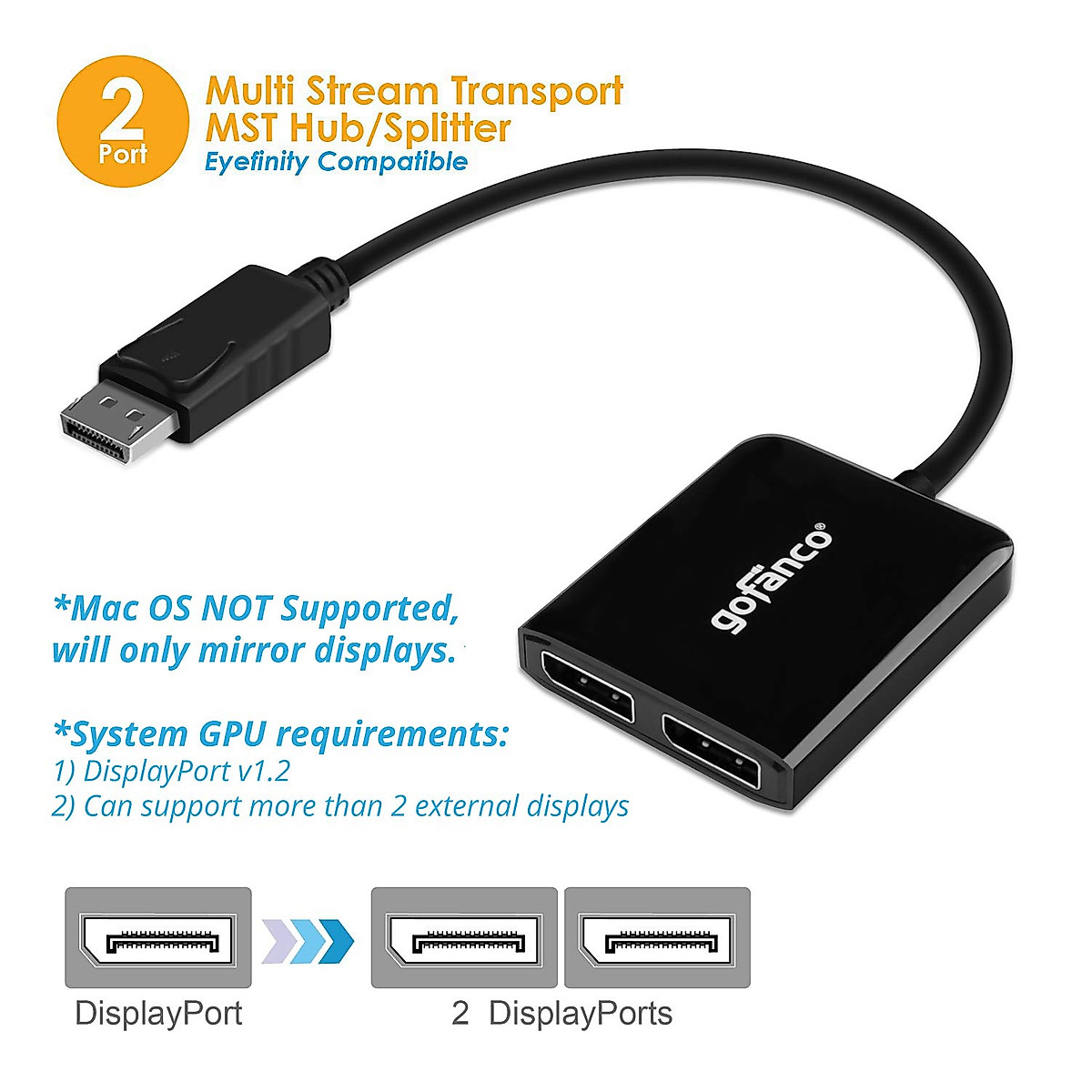 gofanco 1x2 DisplayPort 1.2 Display Splitter Adapter – DP to Dual DisplayPort MST Hub Converter, 4K @30Hz, for Windows PCs, Not Mac OS Compatible, Eyefinity Support (DPMST2DP)