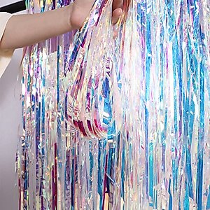 AIM & GGKK 3 Pack Neon Clear Fringe Curtains 3.28 Ft X 6.56 Ft Neon Clear Foil Backdrop Tinsel Curtains Neon Clear Metalic Door Streamer Photo Booth Wedding Graduations Birthday Event Party Supplie