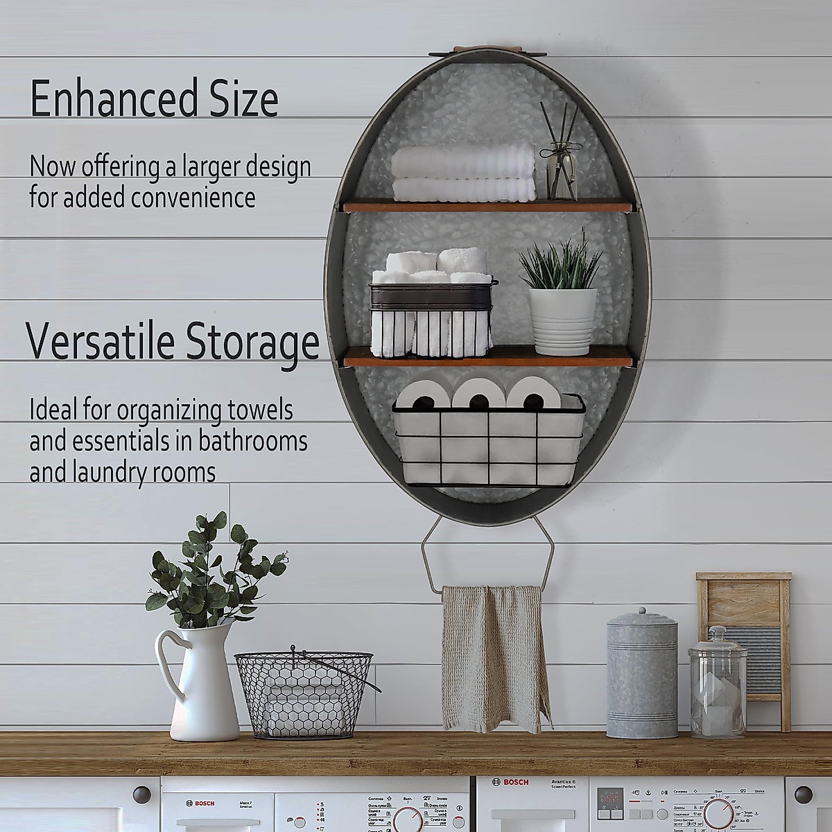 Oakrain Galvanized Wash Tub with Shelves | Towel Racks for Bathroom | Bathroom Wall Shelves | Farmhouse Rustic Bathroom Decor | 2 Tier Wall Towel Holder with Wood Shelf | Galvanized Shelf Wall