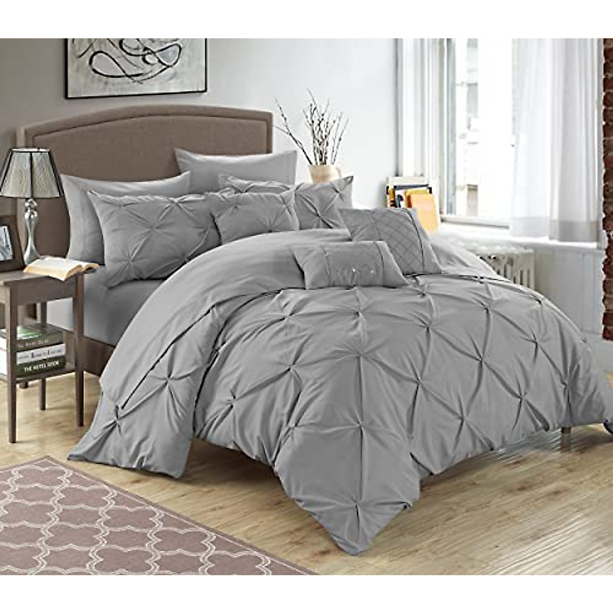 Chic Home 10 Piece Hannah Pinch Pleated, ruffled and pleated complete King Bed In a Bag Comforter Set Silver With sheet set