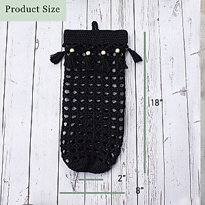 Mingtex Crochet Grocery Bag Holder - Plastic Bag Dispenser with Wooden Beads and Tassels, Boho Trash Bag Storage for Home Kitchen, Macrame Bag Server Organizer Black