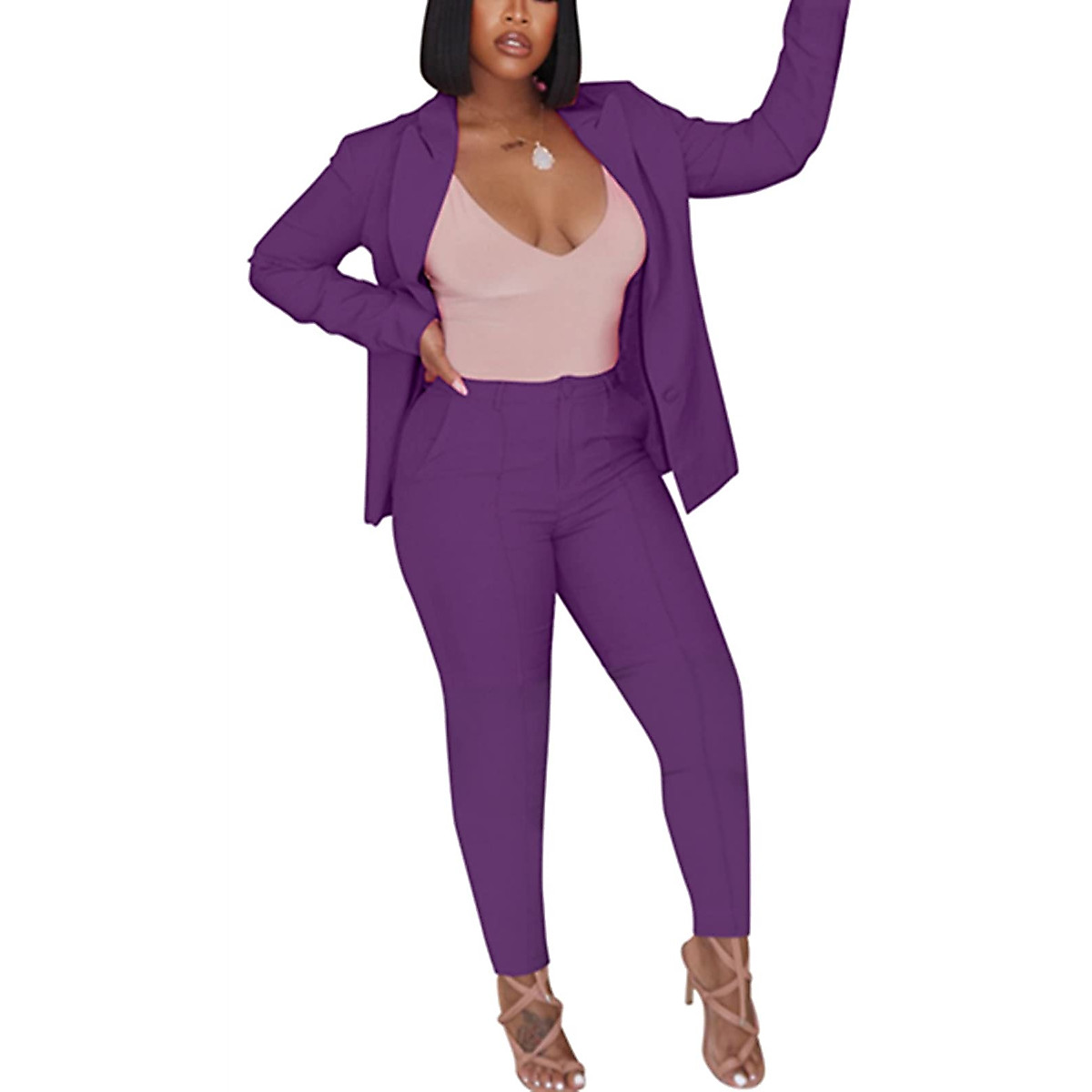Women's 2 Piece Outfit Deep V Long Sleeve Solid Color Blazer with Pants Elegant Business Suit Sets Purple