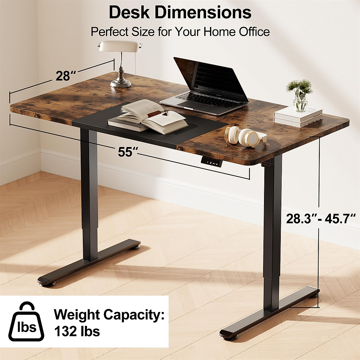 WOKA Electric Height Adjustable Electric Standing Desk, 55 x 28 Inch Sit Stand Desk with Memory Controllers, Stand up Desk for Home Office, Rustic Brown and Black Tabletop