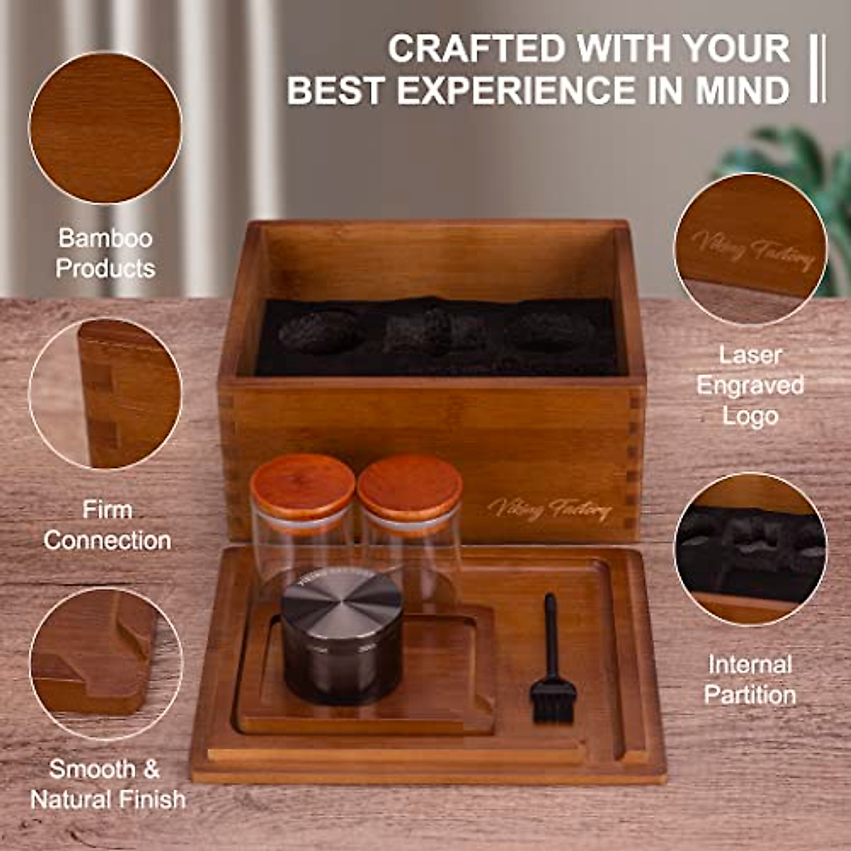 Viking Factory Large Bamboo Box Tray Set Decorative Box for Home Odour Proof Storage - Reversible Tray, Roll Kit and All Accessories