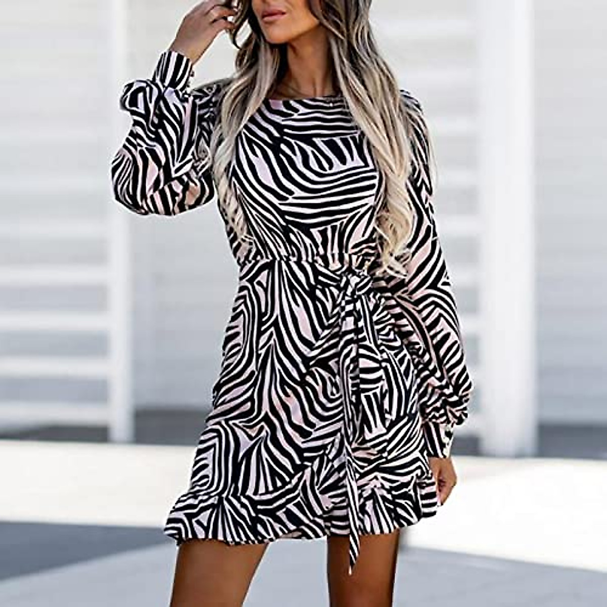 YMUQEIGH Elegant Dresses for Women Spring Summer Long Sleeve Mini Dress Fashion Floral Print Swing Dress Irregular Hem Dress Black