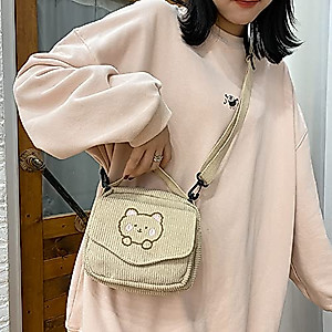 Cute Kawaii Purse Crossbody Bag Girls Kawaii Bear Corduroy Satchel Purse Cute Plush Shoulder Bag Purse Kawaii Bear Print Purse for Teen Girls Women