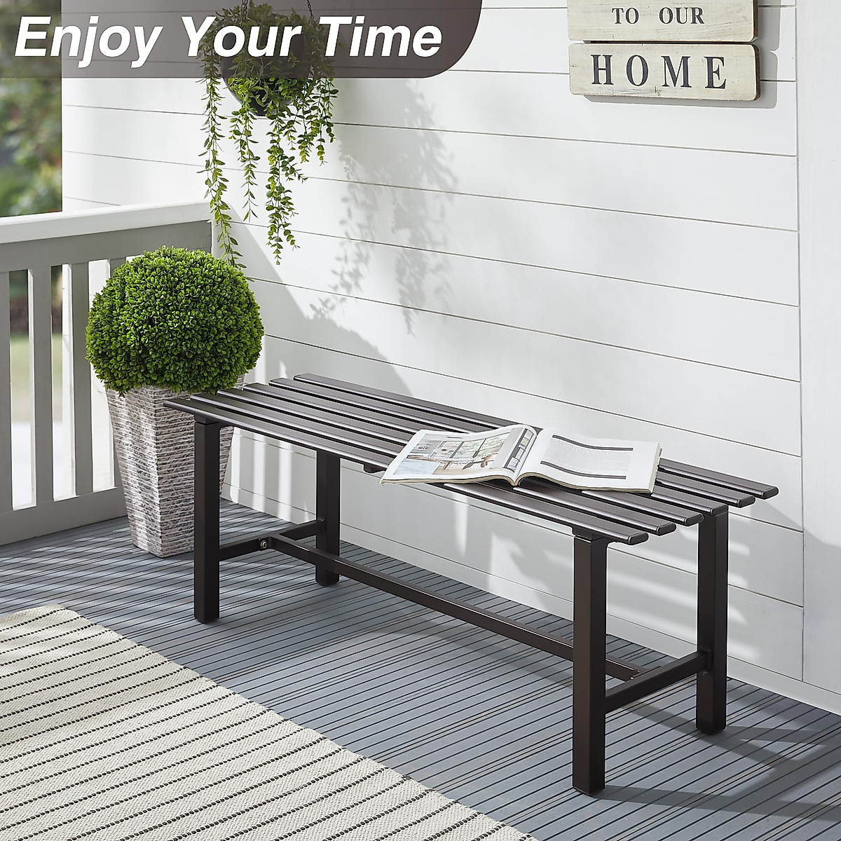 Mutaomay Outdoor Bench, Metal Weatherproof Front Porch Bench, 2-Person Porch Bench, Anti-Rust Outdoor Backless Bench for Park, Swimming Pool, and Yard, Light Weight with 350LBS Capacity (Dark Brown)