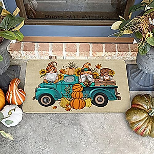 Nutksea Fall Truck Pumpkin Door Mat Thanksgiving Day Autumn Decorative Doormat Gnome Mat for Indoor Outdoor Entrance, Non Slip Rubber Mat 17" x 30”