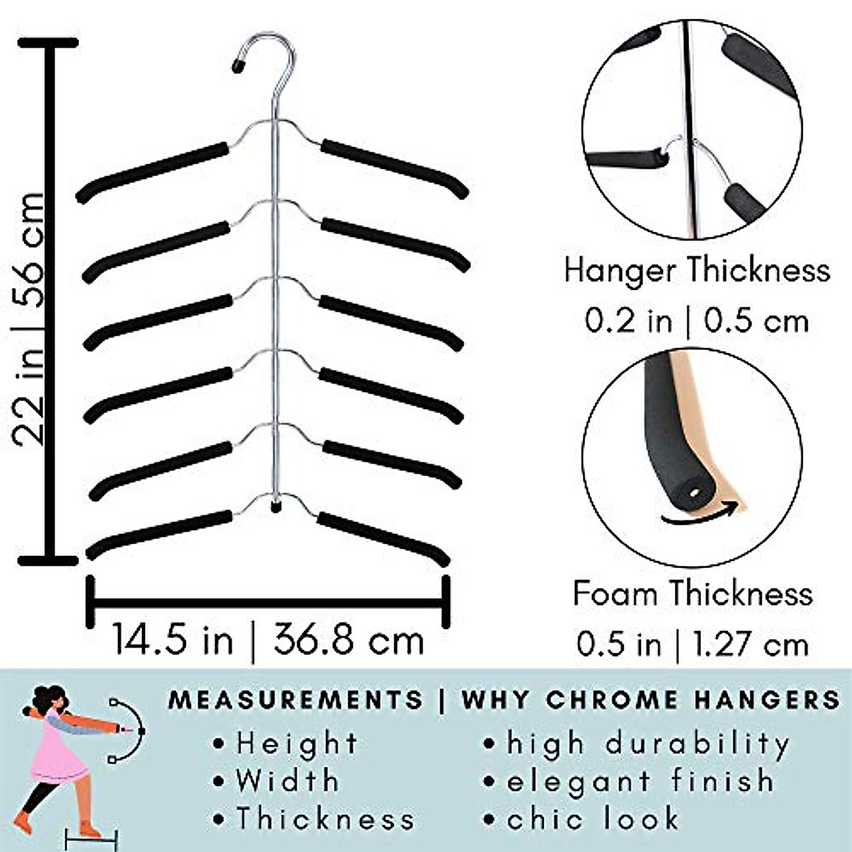 Closet Spice - 2 Pack - Strong Anti-Rust Chrome 6 Tier Blouse Tree, Non-Slip, Black Foam Padded, Space Saving, Flexible Swing Design for Easy-Slide, Multi-Tiered Clothes Hanger