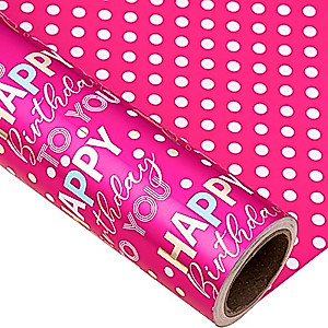 MAYPLUSS Reversible Birthday Wrapping Paper Roll - Mini Roll - 17.3 Inch X 32.8 Feet - Rose Red Birthday Text with Glitter Metallic Foil Design (47.3 sq.ft.ttl)