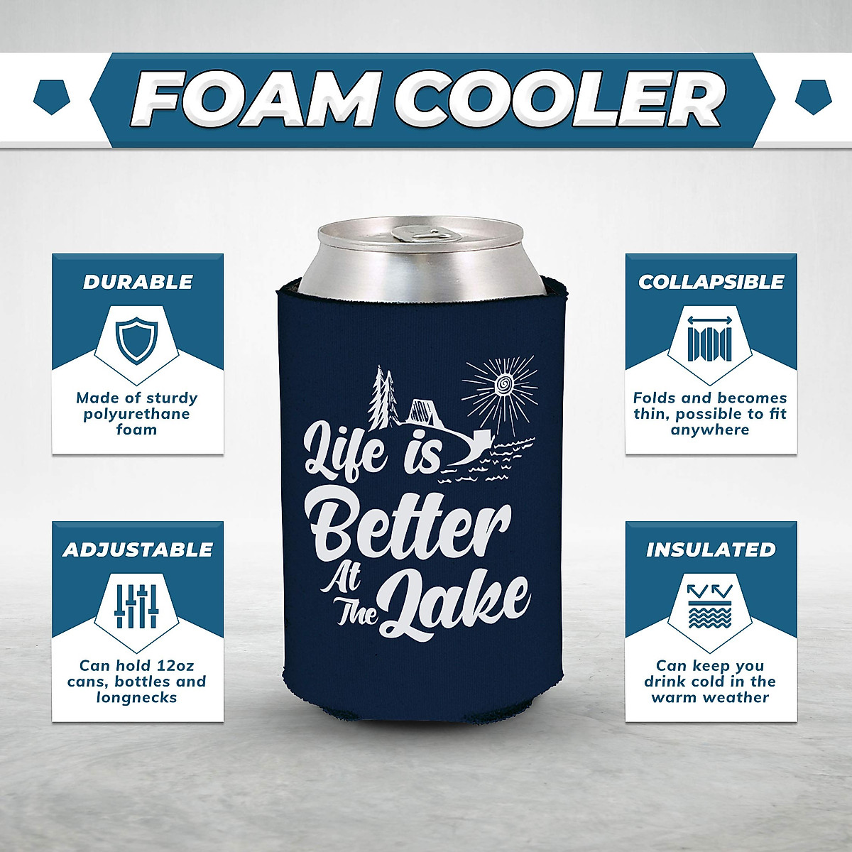 Life is Better At The Lake Can Coolie Can Sleeve Cooler Insulated Drink Coozies Soda Beer Hugger Coolies (Navy, 12 Pk)