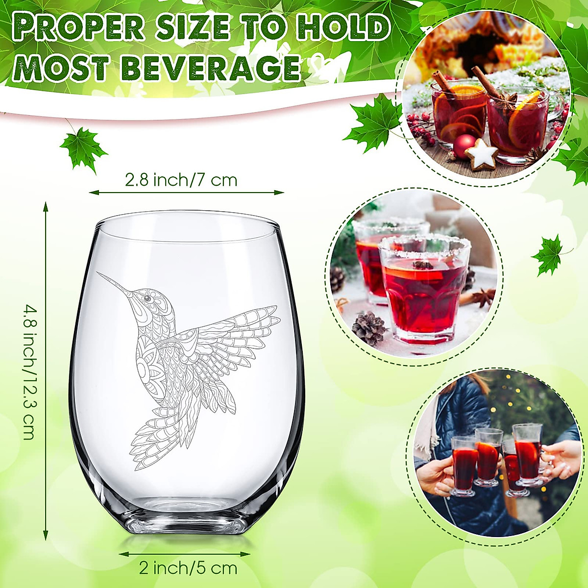 Mimorou 2 Pieces Hummingbird Stemless Wine Glass 17 oz Hummingbird Themed Gifts for Christmas, Valentine's Day, Birthdays, Anniversaries, Retirement, Mother's Day, Father's Day